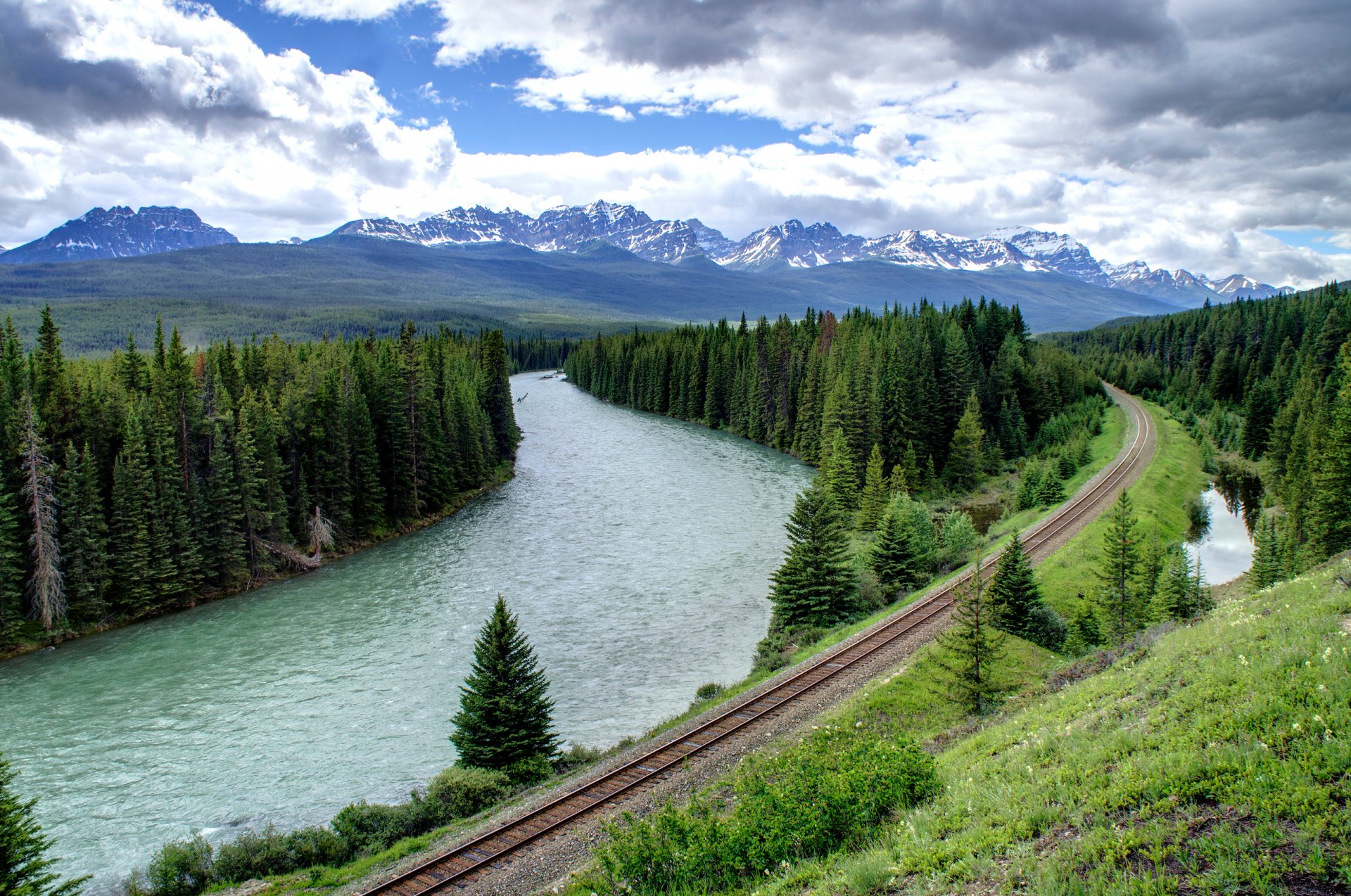 Free Wallpapers sky clouds mountain river road forest tree rails spruce ...